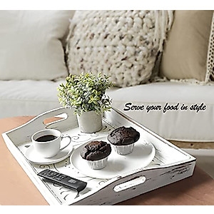 Cookaburrah Decorative Wooden Serving Tray with Handles, Rustic Tray Embossed with Metal, Rectangular Serving Tray for Ottoman, Perfect for Home, Restaurant, Farmhouse Decor (White)