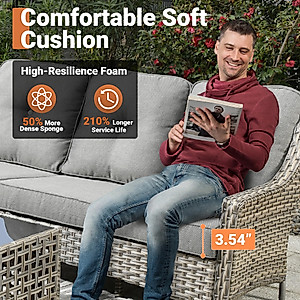 ovios Outdoor 7 Piece Patio Furniture with Fire Pit Table,Wicker Coversation Set with Swivel Rocking Chair,Comfy Sectional Deep Sofa with Ottoman for Outside Porch Balcony Backyard Pool,Dark Grey