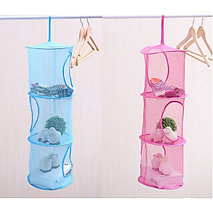 Hanging Mesh Space Saver Bags Organizer 3 Compartments Toy Storage Basket for Kids Room,3 Pcs (blue green pink)