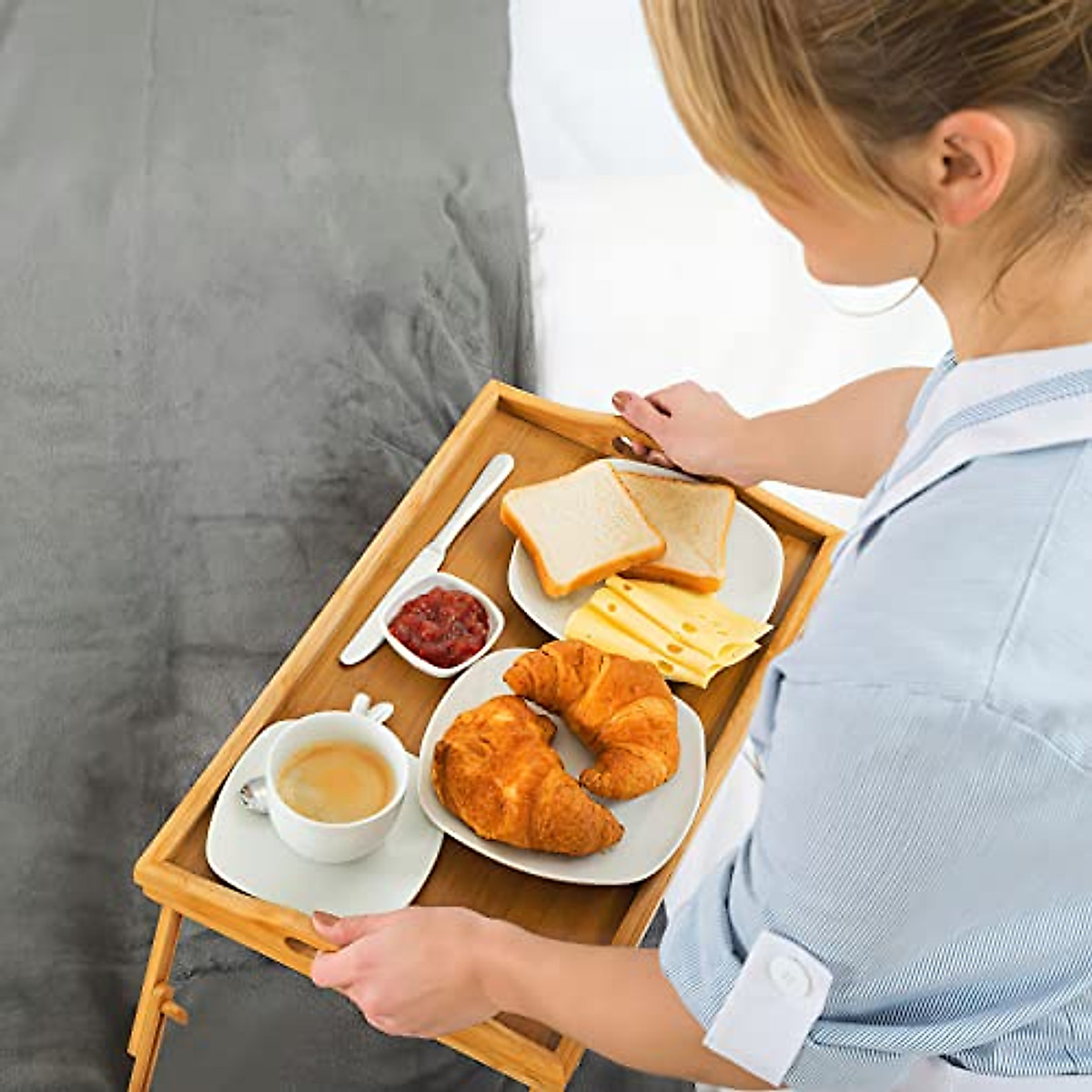 Bed Tray for Eating - Raised Food Table Up to 9.5" on Lap Sofa - Adjustable Bamboo Serving Tray - Portable Snack Platter with Folding Legs Ideal for Bedroom Picnic