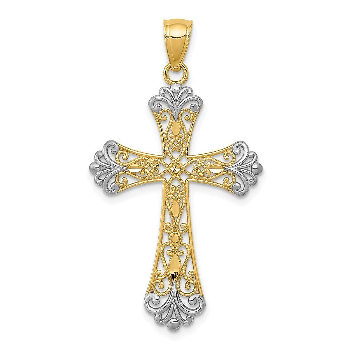 Solid 14k Yellow and White Gold Two Tone Diamond-Cut Cross Pendant (21mm x 38mm)