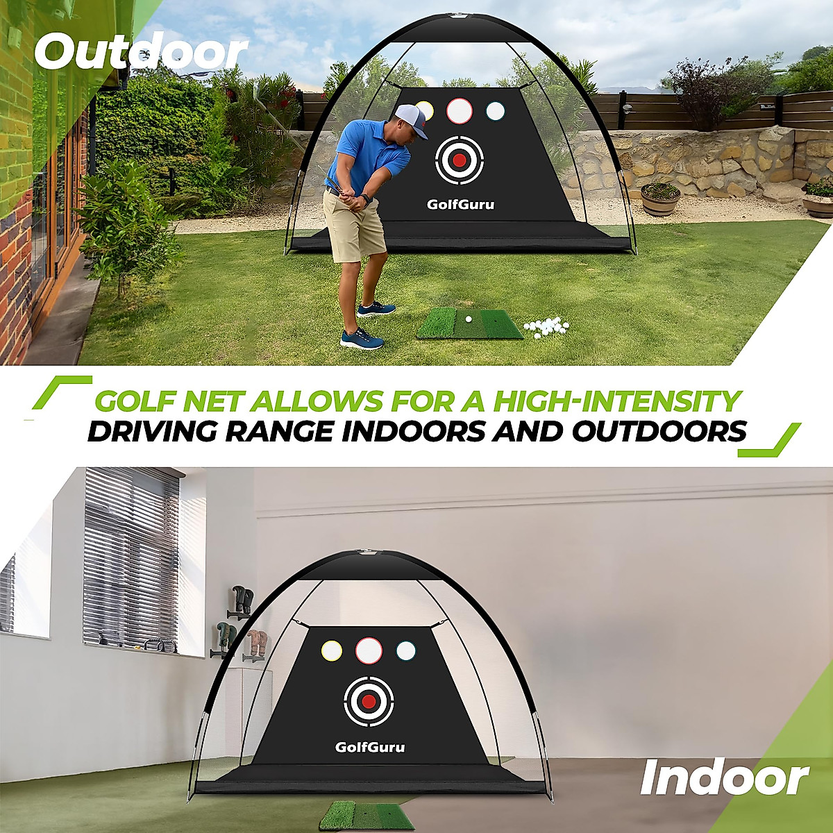 Golfguru Golf Net, 10x7ft All in 1 Golf Practice Net with XL Tri-Turf Golf Mat, Impact Target, 10 Golf Balls, 7 Golf Tees, 2 Rubber Golf Tees, Carry Bag, Golf Net for Backyard Driving Chipping Indoor