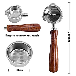 NEOUZA Coffee 51mm Bottomless Portafilter Compatible with DeLonghi Dedica EC680/EC685/EC785/EC820/EC850/EC860 SMEG Coffee Machine, Stainless Steel,Rosewood.Free with Basket, Spoon, tamper mat