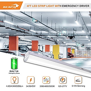 4FT LED Linear Shop Lights with Emergency Battery Backup,3 Color Selectable 3500K-5000K, Lumen Adjustable 4420/4940/5850LM,120-277V, 0-10V Dimmable, Built-in 90 Minute Emergency Battery (1PK)