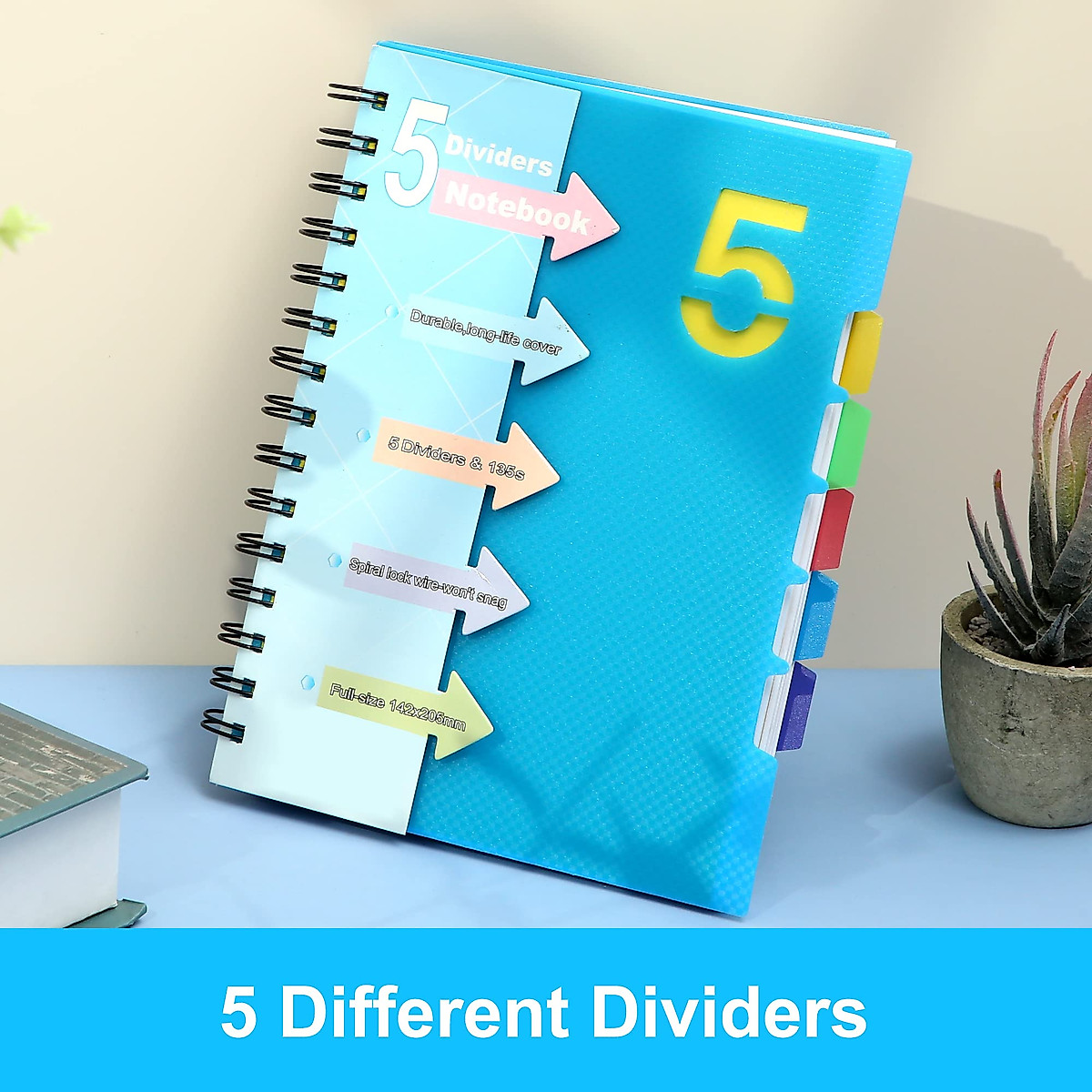 CAGIE 2 Pack Spiral Notebooks with Dividers 5 Subject Notebook with Tabs 5x7 Wide Ruled Hardcover A5 Spiral Bound Journal for Note Taking Work School Supplies, 220 Pages, Blue