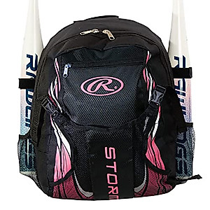 Rawlings Storm Girls Softball Bag - Sized for Youth Softball Backpack for Girls or TBall Bag – Holds Two Bats – Includes Hook to Hang on Fence - Black and Pink