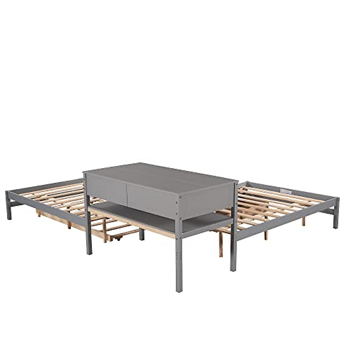 MOEO L-Shaped Full Size Platform Bed with Trundle and Drawers Linked w/ Built-in Desk for Kids, Bedroom, Teens, Adults, No Box Spring Needed, 3 Wood Bedframe in 1, Gray
