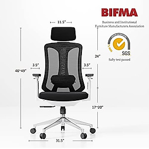Logicfox Ergonomic Mesh Office Chair, Computer Desk Chair with 3D Armrests, Adjustable Lumbar Cushion and Adjustable Headrest, White High Back Home Office Chair with Tilt Function, Computer Chair