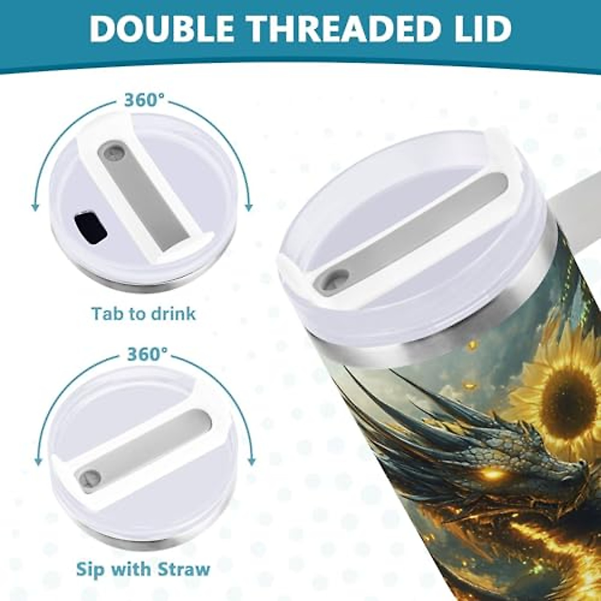 Slewiaeky Tumbler with Handle 40 oz Multicolor Dragon Wild Travel Mug with Lid and Straw Sunflower Stainless Steel Vacuum Insulated Water Bottle Cup for Iced Tea Coffee Cold Beverages Cup Holder Frie