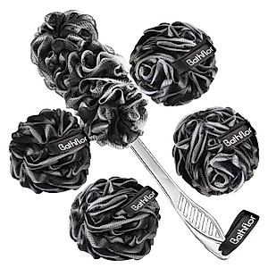 Bathflor Loofah Sponge Exfoliating Body Scrubber: 4PCS Extra Large 80g Shower Loofahs Poufs, 1PCS Long Handle Loofa Back Scrubber, 1PCS Luffa Hook, Charcoal Loofah Pack for Women Men Bath Wash, Black