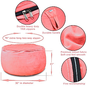 Bean Bag Chair Cover, Stuffed Animal Storage, Plush Toys Organizer Holder, Beanbag Chairs Cover for Kids Teans and Adults Super Soft and Comfortable Fabric X-Large with Handle and Zipper -Round Pink