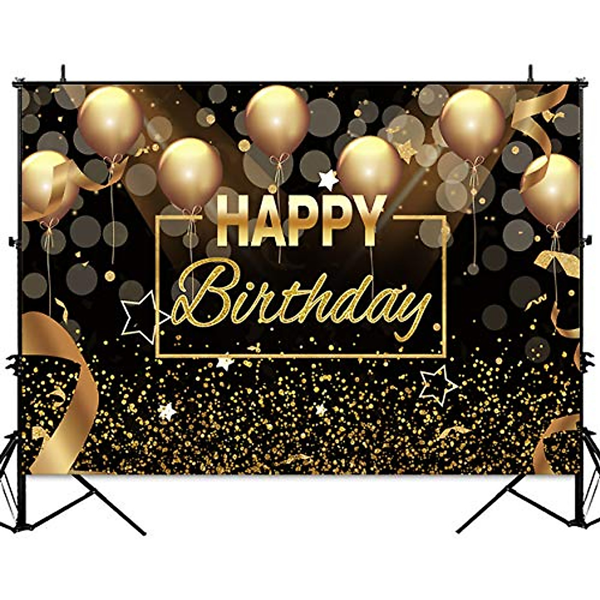 Sensfun Black Gold Happy Birthday Backdrop Sparkle Glitter Golden Balloon Bokeh Circles Dots Photography Background Men Women 30th 40th 50th 60th Birthday Party Decorations Photo Banner Prop 7x5ft