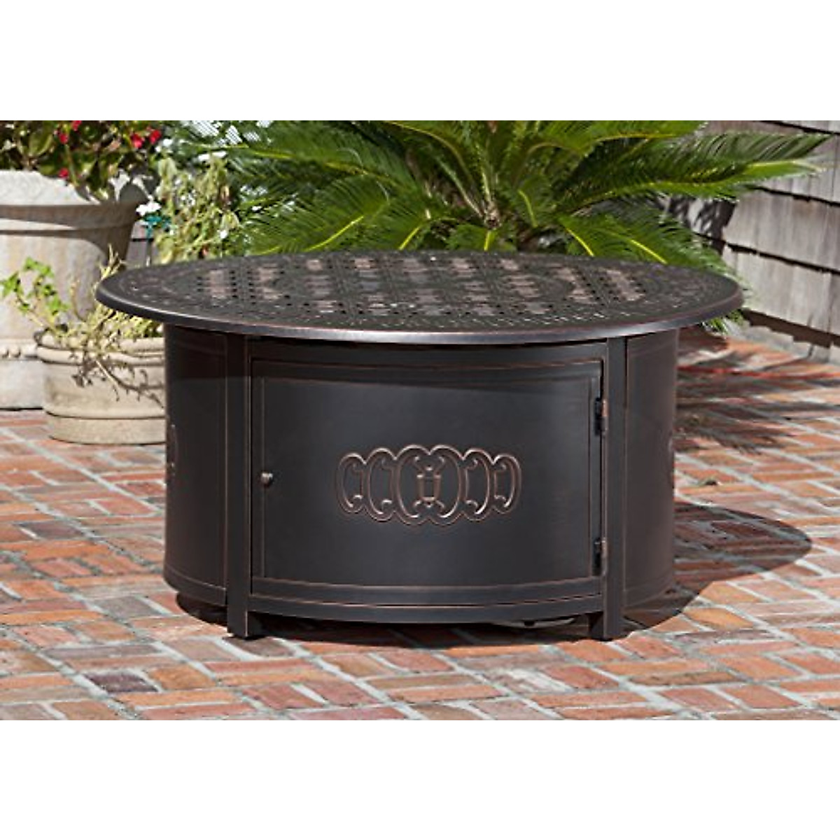 Fire Sense 62262 Dynasty Art Deco Aluminum Convertible Gas Fire Pit Table 55,000 BTU Multi-Functional Outdoor with Fire Bowl Lid, Nylon Weather Cover & Clear Fire Glass - Bronze Finish - Round - 44"