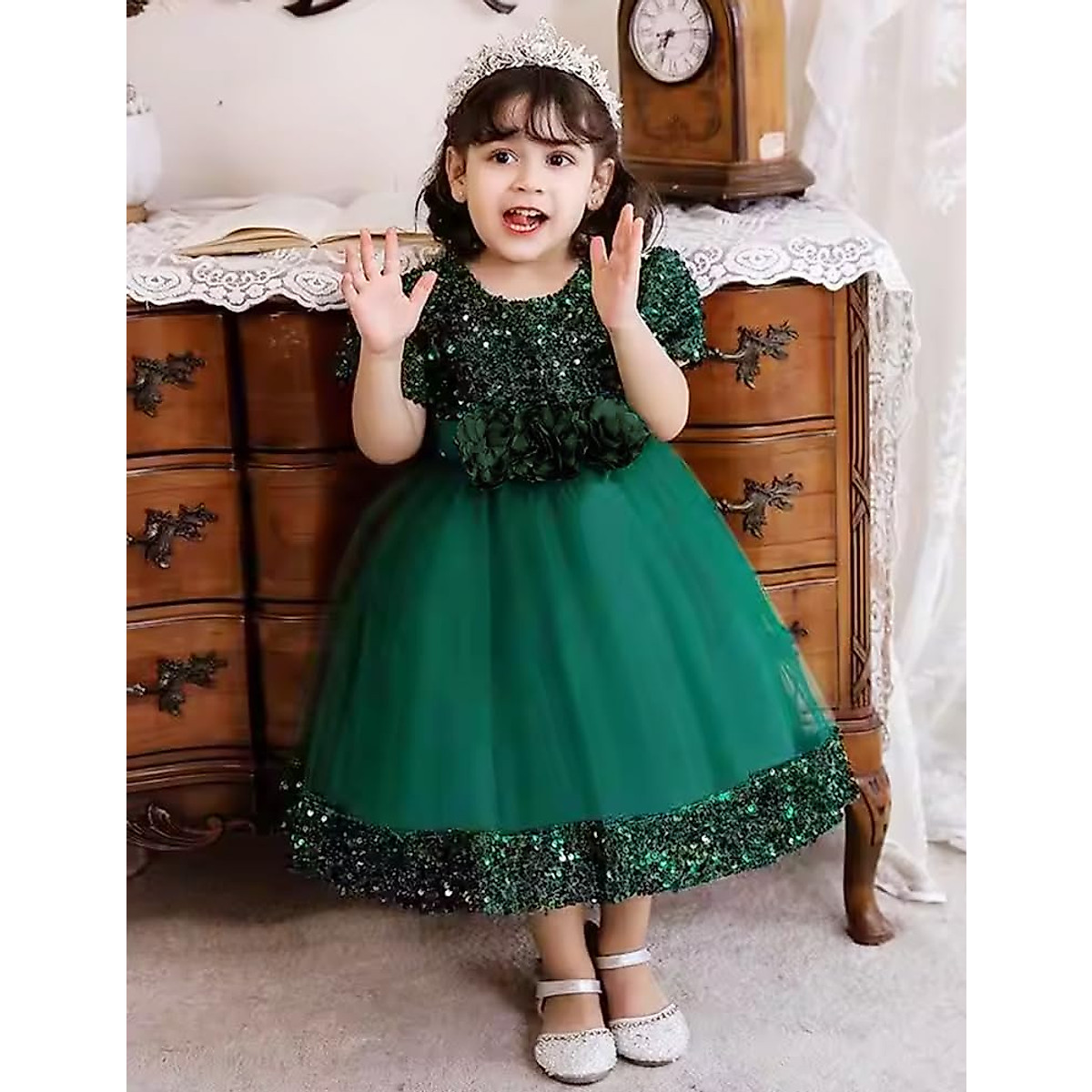 AGQT Toddler Girls Sequin Tutu Dress Big Bow-Knot Princess Short Sleeve Dress Sequin Dress for Babies Lace Birthday Party Elegant Formal Dress Green Size 12-18 Months