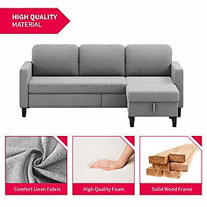 MUZZ 78” Sectional Sofa with Movable Ottoman, Free Combination Sectional Couch, Small L Shaped Sectional Sofa with Storage Ottoman, Modern Linen Fabric Sofa Set for Living Room (Light Grey)