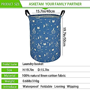 ASKETAM Fabric Laundry Basket Canvas Laundry Hamper for Dirty Clothes Toy Organizer Kid Nursery Room Decor Basket (Blue cat)