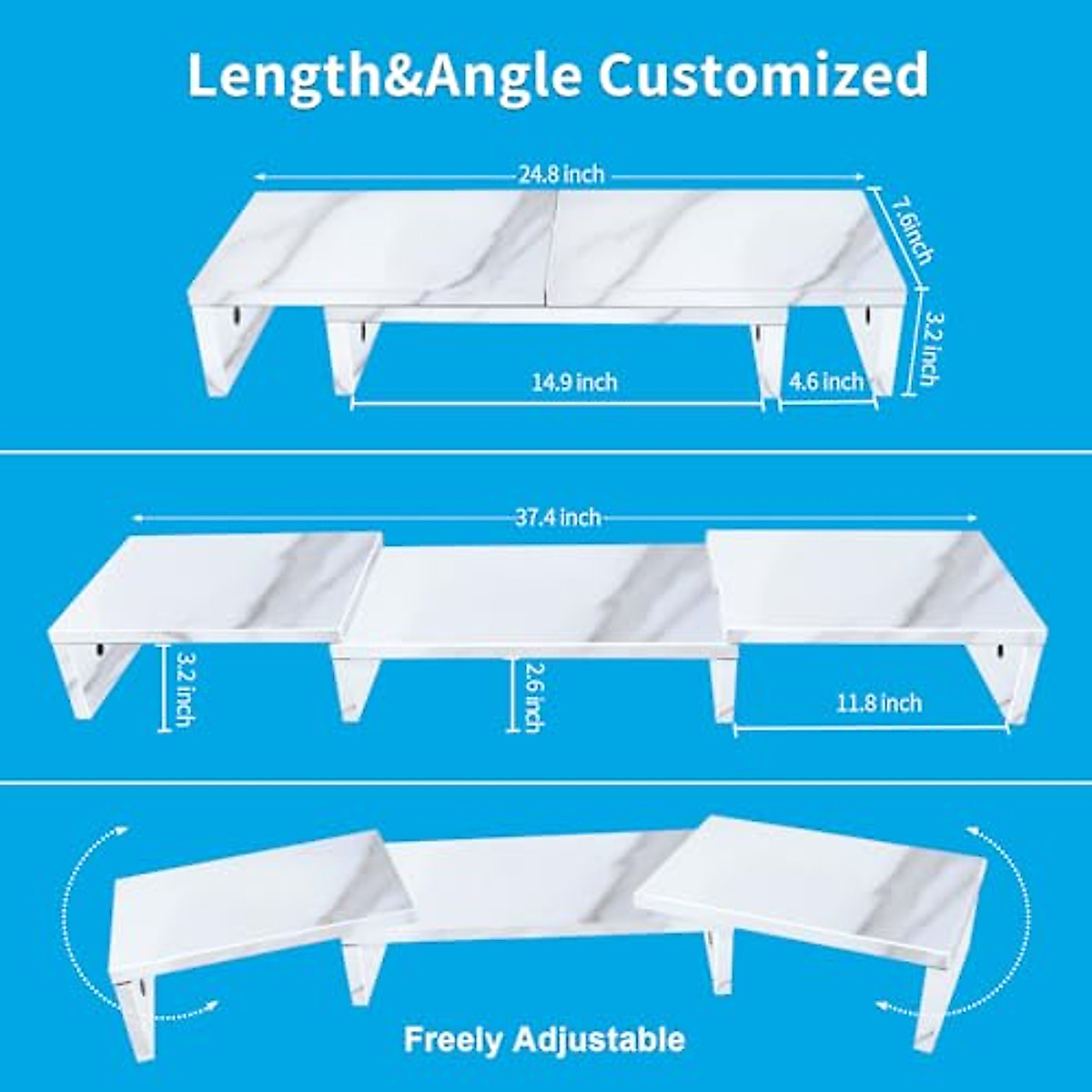 TEMI Dual Monitor Stand Riser with Adjustable Length and Angle, White Slate Texture Computer Monitor Stand, 3 Shelf Desktop Storage Organizer Riser for Laptop/Computer/TV/PC/Printer