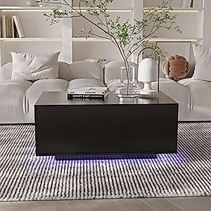 LED Coffee Table with Storage Drawers, High Glossy Coffee Table with LED Lights for Living Room, Modern Living Room Center Table Rectangular, Black (Style1, Black)