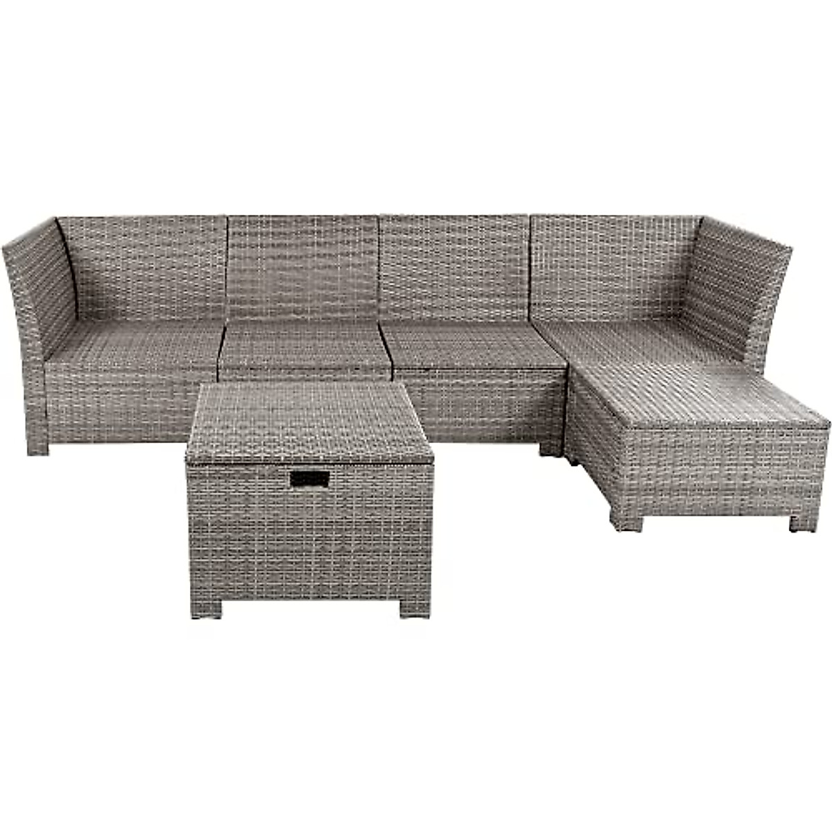 DHPM Furniture 6 Pieces Outdoor Sectional PE Rattan Sofa Brown Manual Wicker Patio Conversation Set with 2 Corner, 2 Single Chairs, 1 Ottoman and 1 Storage Table, Beige