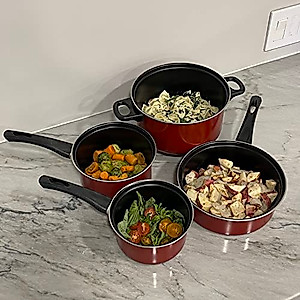 Imperial Home 7 Pc Carbon Steel Nonstick Cookware Set, Pots & Pans Set, Dishwasher Safe Cookware Set, Cooking Set, Kitchen Essentials (Red)