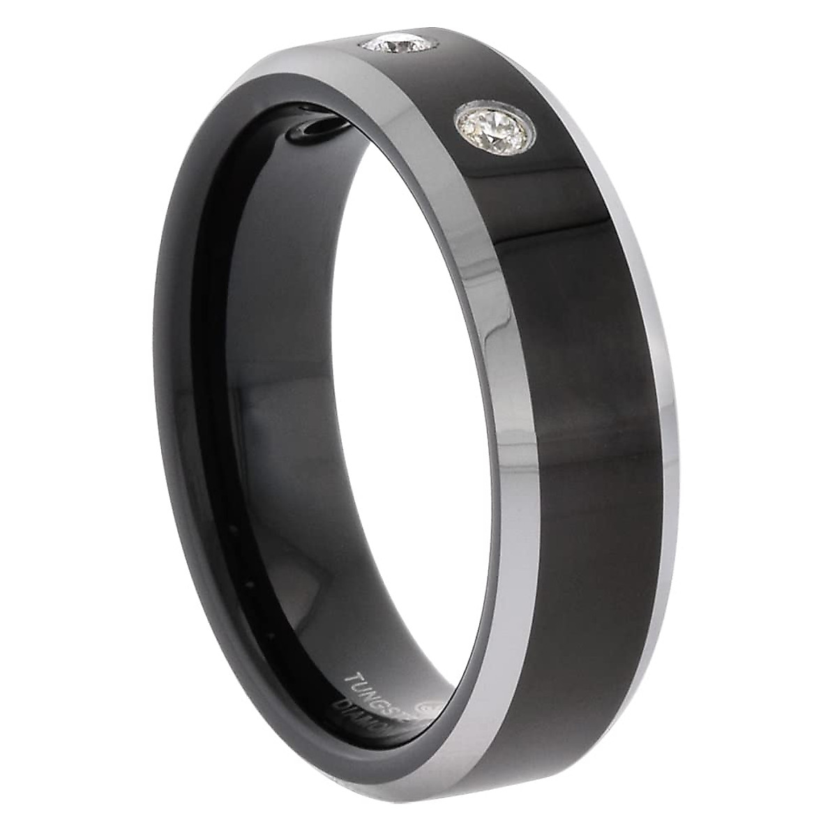 6mm Black Tungsten 3 Stone Diamond Wedding Ring Two-tone Beveled Edges Comfort fit, size 6.5