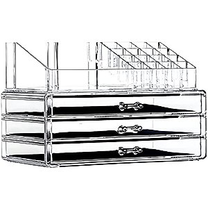 Cq acrylic 2 Pack Clear Skincare Organizer for Vanity,Stackable 3 Drawers Make Up Organizers,Cute Cosmetic Organizer for Vanity Jewelry,Hair Clip,Beauty,Skincare Product Dresser Acrylic Desk Organizer