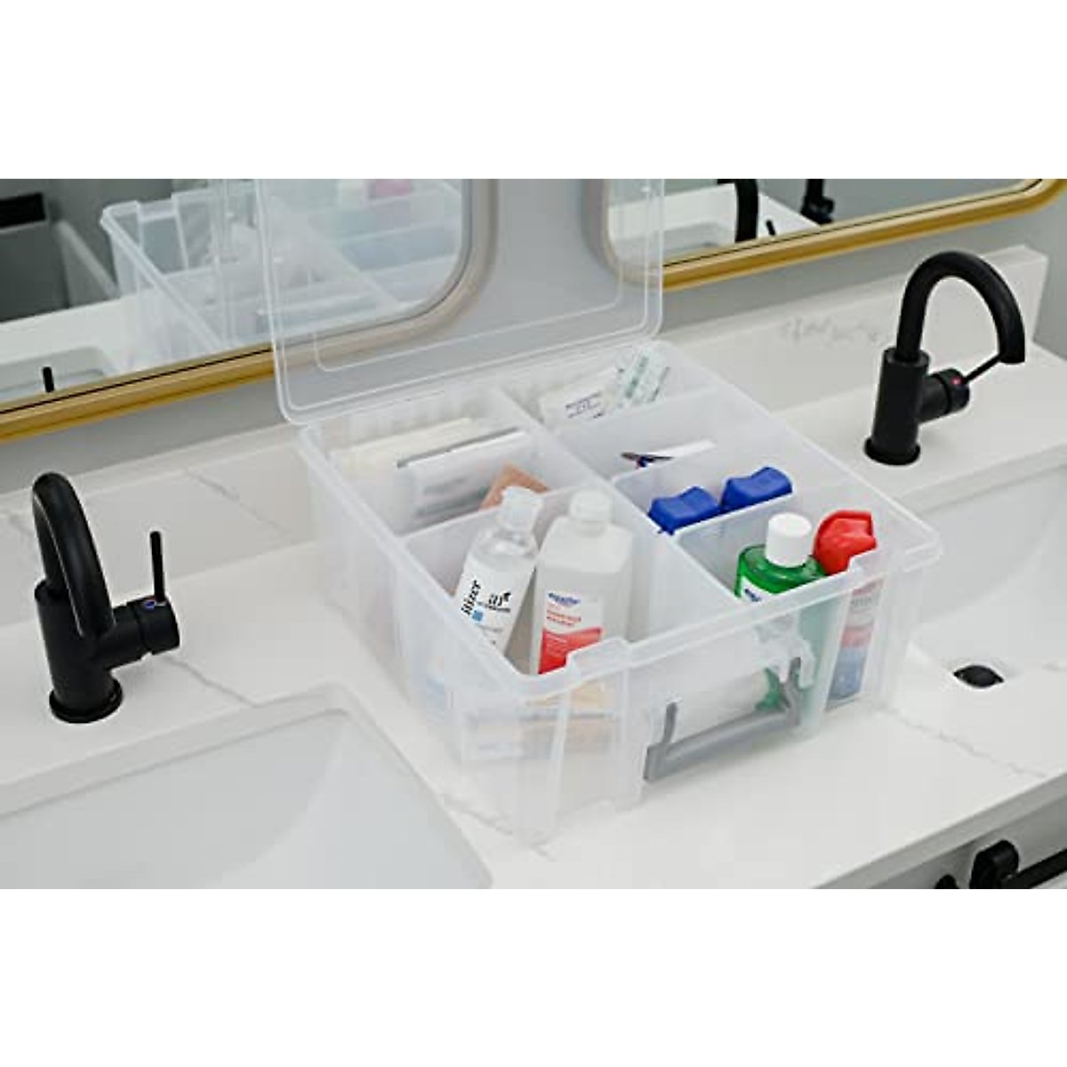 AB Designs 6990ABD Super Satchel Double Deep with Removable Dividers, Stackable Home Storage Organization Container, Clear with Sliver Latches and Handle