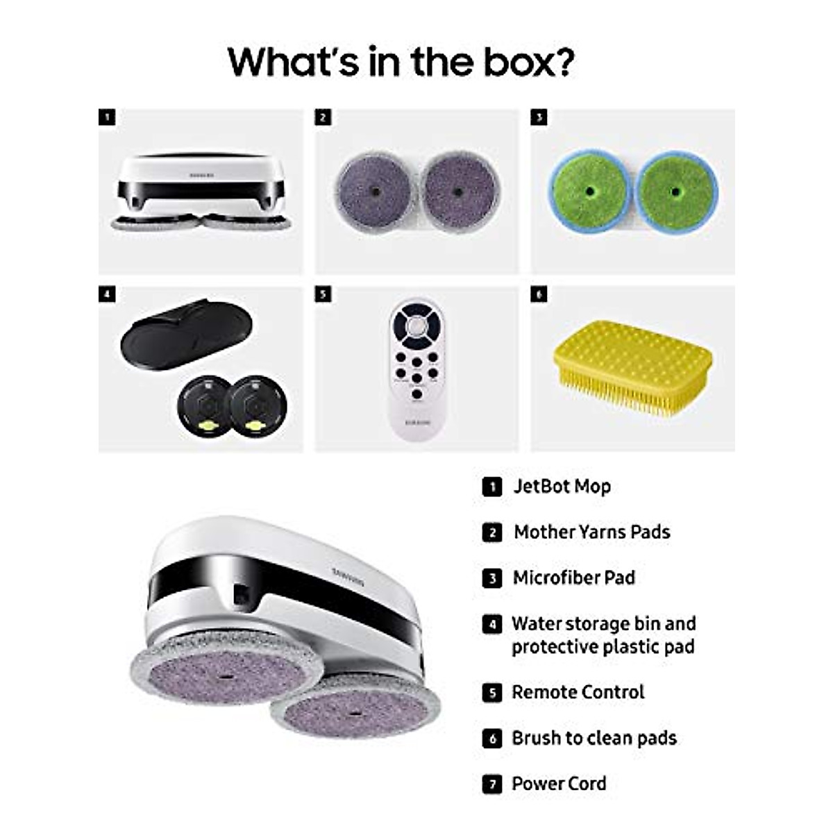 SAMSUNG Jetbot Mop, Cordless Robot Floor Cleaner, Wet Cleaning w/ Dual Spinning Pads, Smart Sensor to Clean Tile, Vinyl, Laminate, Hardwood Floors, Long Battery Life, VR20T6001MW, White