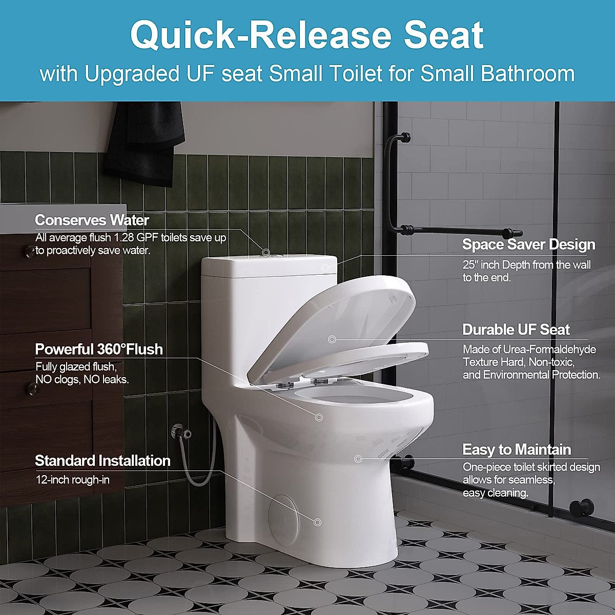 HOROW HWMT-8733U Small Compact One Piece Toilet, Power Dual Flush Toilet For Bathroom, Water Saving Toilet With Soft Closing Seat, Quick Release & UF Seat, White Toilet Bowl, 12'' Rough-in