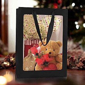 12 Pcs Black Kraft Paper Gift Bags with Transparent Window, 9.84"x7.0"x5.12" Kraft Shopping Bags with Handles for Present, Festivals Party