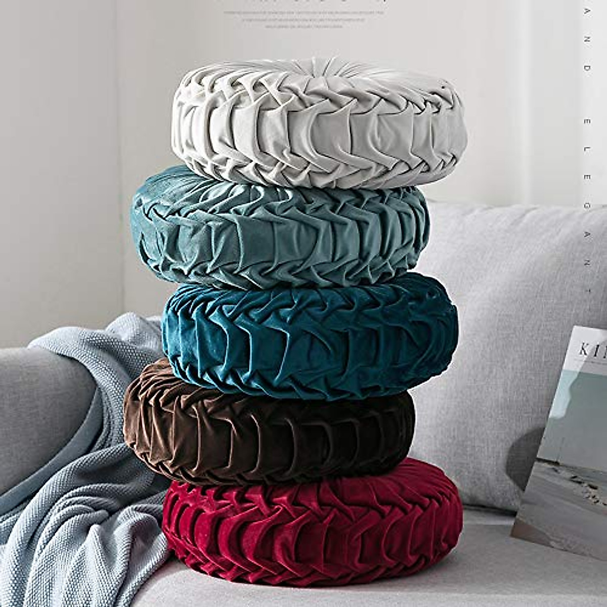 MOCOFO 14" Velvet Pleated Round Pumpkin Throw Pillow Couch Cushion Floor Pillow for Sofa Chair Bed Car Home Decorative (Light Blue)