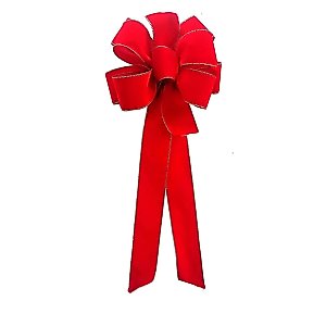 Rocky Mountain Goods 10” x 26” Christmas Red Bow with Gold Edges - Indoor/Outdoor Bow for Wreaths, Tree Topper, Door, Post (1)