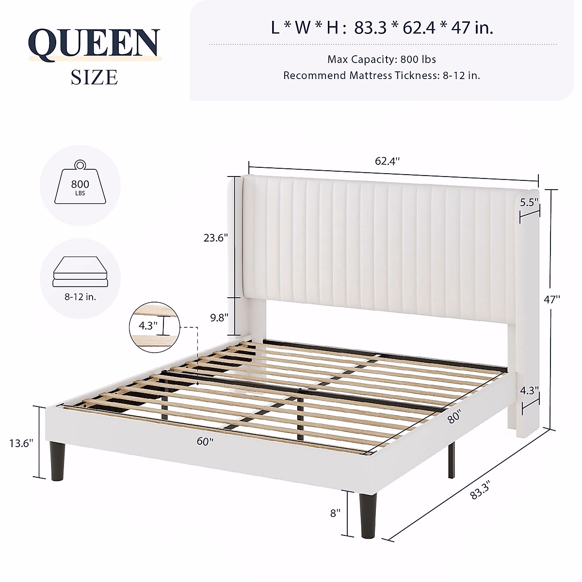 Allewie Queen Size Velvet Bed Frame/Vertical Channel Tufted Wingback Headboard/Upholstered Platform Bed/Strong Wooden Slats/No Box Spring Needed/Easy Assembly/White