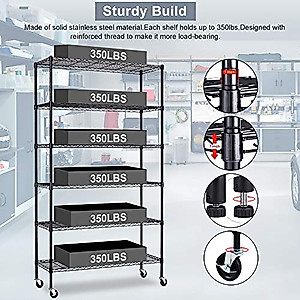 HGS Storage Shelves 6 Tier Wire Shelving Unit with Wheels Heavy Duty Metal Shelf Garage Rack Adjustable Steel Wire Shelf Utility Storage Rack with Casters, NSF-Certified (48 x 18 x 82 inches, Black)