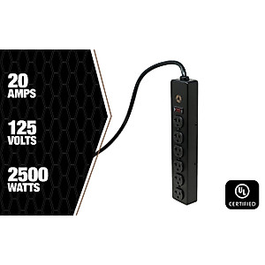 Southwire 5120 20 Amp Rated, 6 Outlet all Metal Power Strip with NEMA 5-20 P&R, 6 Foot 12/3 Cord