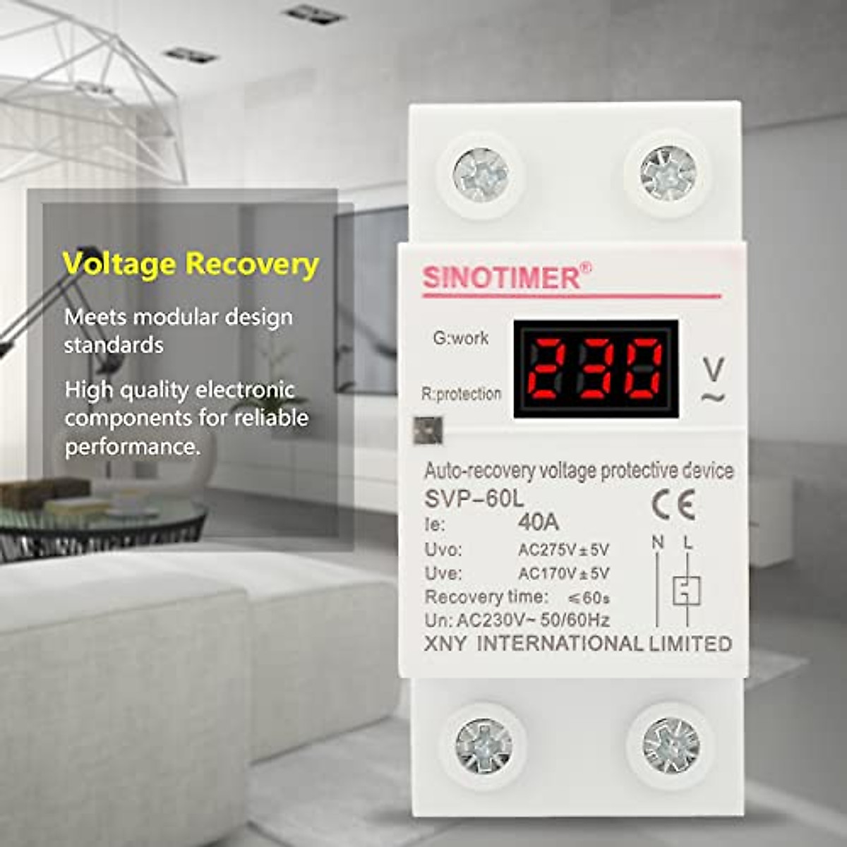 230V 40A Automatic Recovery Overvoltage and Undervoltage Protection Device, Voltage Arrester Device, DIN Rail Mount Protector