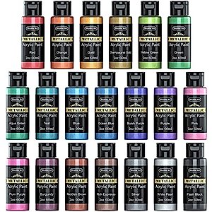 Metallic Acrylic Paint Set, Shuttle Art 20 Colors Metallic Paint in Bottles (60ml, 2oz) with 3 Brushes and 1 Palette, Rich Pigments, Non-Toxic for Artists, Beginners on Rocks Crafts CanvasWood Fabric