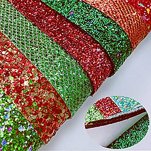 Greatdiy Sparkly Christmas Faux Leather Sheets 8x12 inch Shiny Mixed Red and Green Tinsel Chunky Glitter Fabric for Bows Crafts (Red-Green)
