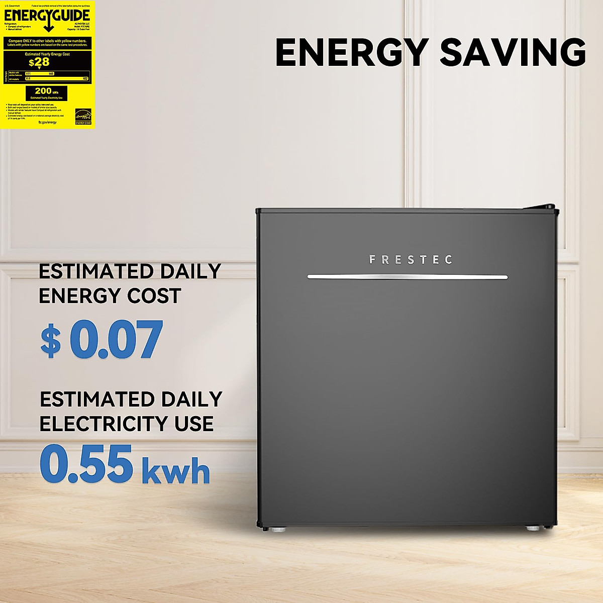 Frestec 1.6 Cu.Ft Mini Fridge with freezer, Compact Refrigerator with Freezer, 6 Adjustable Temperature, 37 dB Low Noise, Reversible Door, Small Fridge for Dorm Bedroom and Office(black)