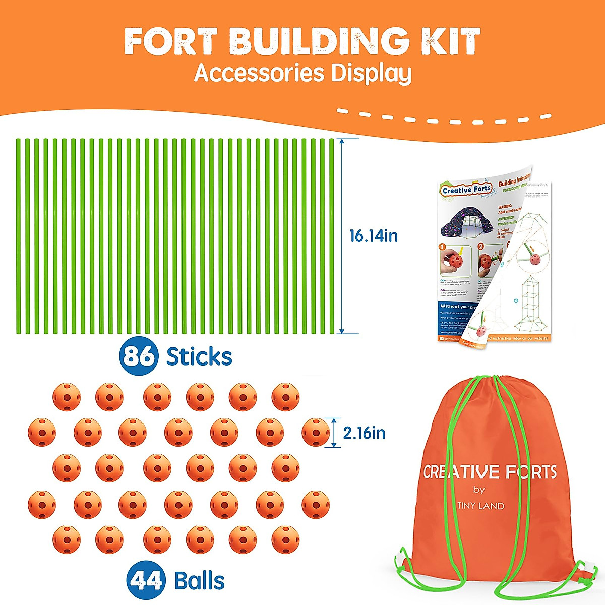 Tiny Land Fort Building Kit Creative Fort Indoor Outdoor for 5,6,7,8 Years Old Boys and Girls STEM Building Toys with Storage Bag DIY Castles Tunnels with 86 Rods and 44 Balls