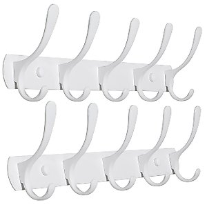 SKOLOO Coat Rack Wall Mount - Modern, Metal Wall Coat Rack with 5 Hooks, Pack of 2, Sturdy Wall Hook Rack Rail for Hanging Coat, Jacket, Clothes, Hat, White