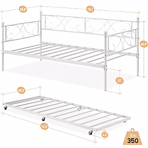 IDEALHOUSE Twin Daybed with Trundle, Metal Trundle Bed, Sofa Bed Frame, Heavy Duty Metal Slats, for Living Room, Bedroom, Guest Room, Space Saving, White