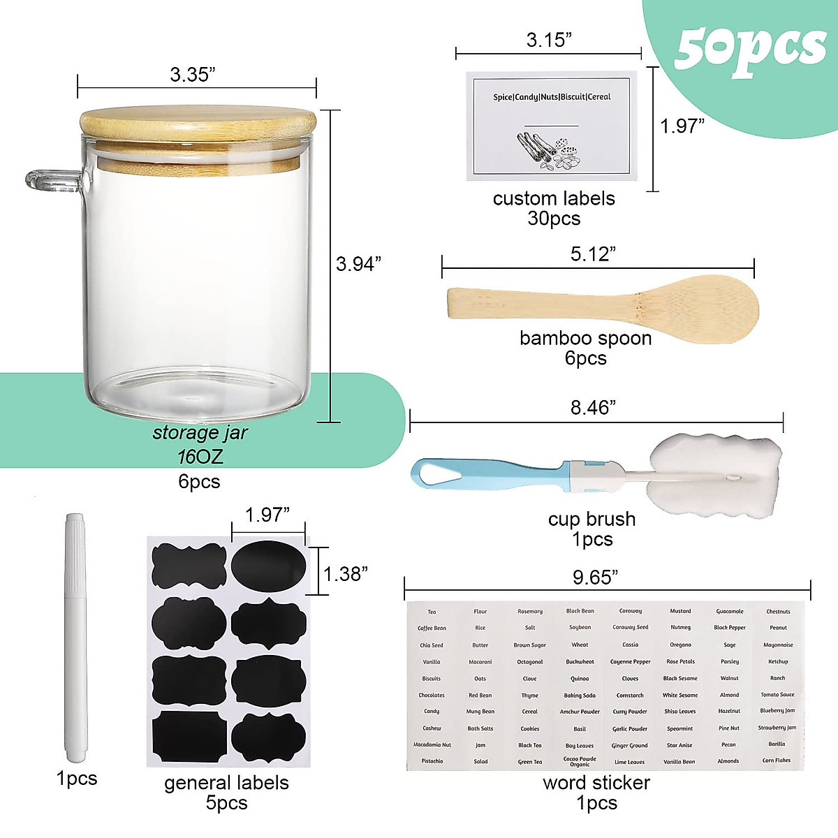 Set of 6 Spice Jars with Bamboo Lids, 16oz Glass Jars with Airtight Bamboo Lids & Bamboo Spoons Labels Pen Clean Brush Glass Storage Containers for Pantry Organization,Candy,Cookie, Tea and Spice Jar