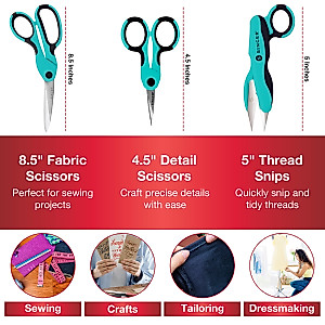 SINGER ProSeries Sewing Scissors Bundle, 8.5" Heavy Duty Fabric Scissors, 4.5" Detail Embroidery Scissors, 5" Thread Snips with Comfort Grip