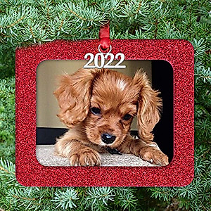 2022 Christmas Photo Frame Ornament, Magnetic Glitter with Non-Glare Photo Protector, Horizontal - Red, 3-Pack