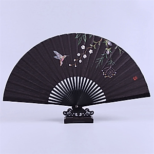 RAN Folding Fan with Floral and Bird Design, Bamboo Pocket Purse Hand Fan, Silk Fabric Handheld Fan with Fabric Pouch (Color : Multi-Colored, Size : 10.4")