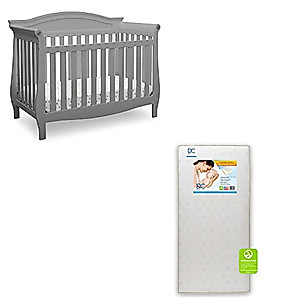 Delta Children Lancaster 4-in-1 Convertible Baby Crib & Twinkle Stars Waterproof Fiber Core Crib and Toddler Mattress, Grey