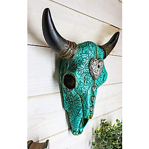 Ebros 10" Wide Western Southwest Steer Bison Buffalo Bull Cow Horned Skull Head Turquoise Silver Heart With Scroll Lace Design Wall Mount Decor Native Indian Sacred Animal Totem Bust Skulls