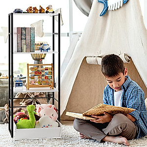 LING RUI 4-Tier Tall Bookcase,Narrow Bookshelf for Small Space,Wood and Metal Book Shelf Storage Organizer for Home Office,Living Room,Entryway,Industrial