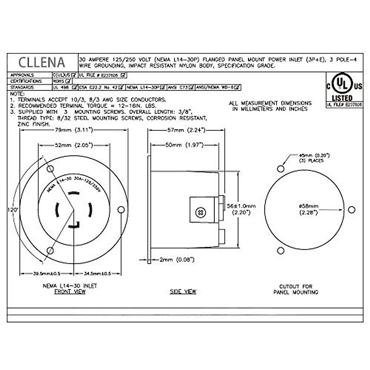 Cllena NEMA L14-30 Flanged Inlet Generator Plug, 30A 125/250 Volt 4 Prong Locking Receptacle Socket, Grounding Welding Use 7500 Watts